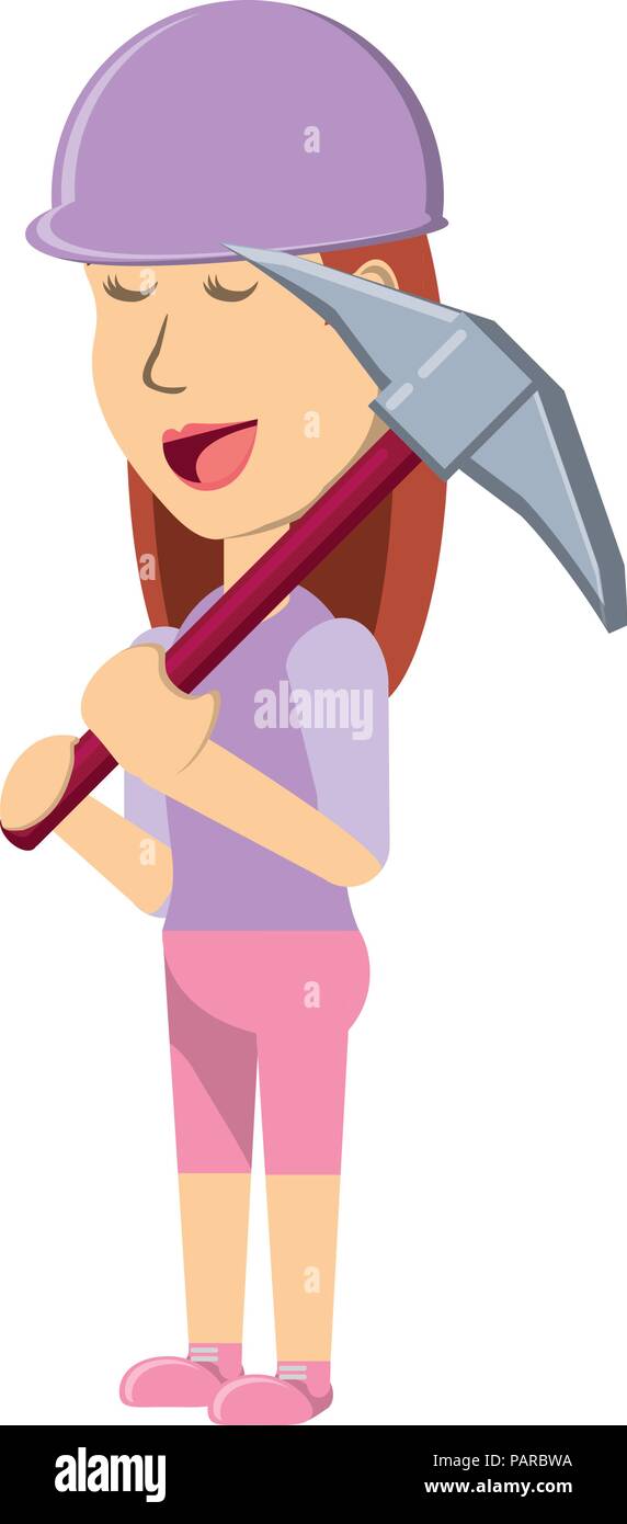 cartoon woman holding a pickaxe icon over white background, vector ...