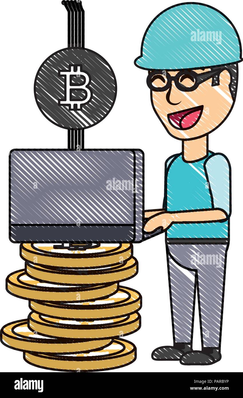 cryptocurrency mining design with man and laptop computer with bitcoin ...