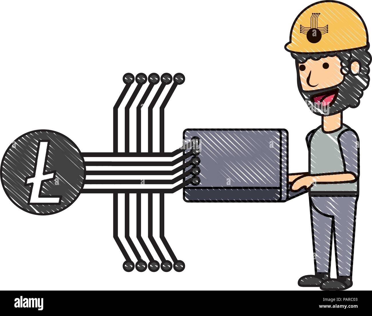 cryptocurrency mining design with cartoon man with laptop computer icon ...