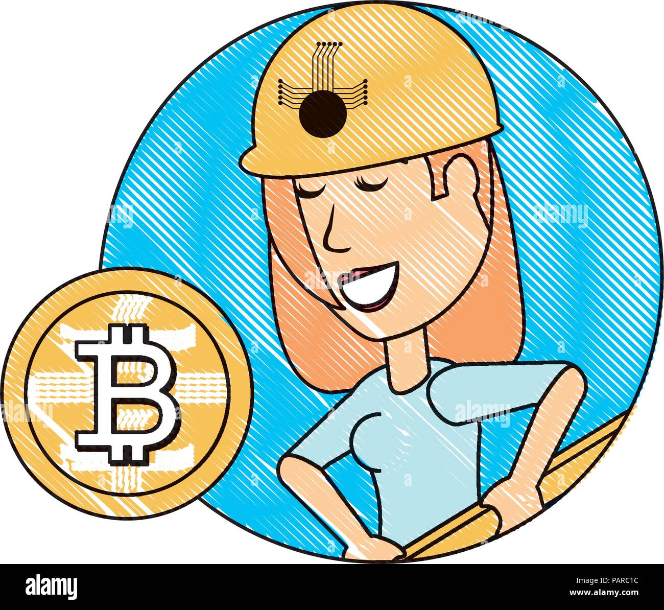 cartoon woman with bitcoin coin icon over white background, vector ...