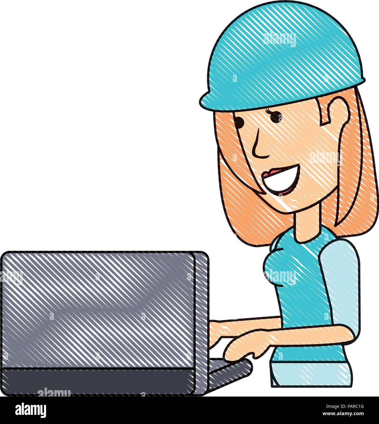cartoon woman with safety helmet and using a laptop computer icon over ...