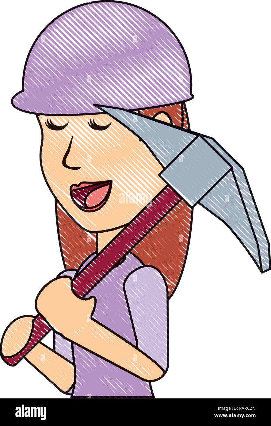 cartoon woman holding a pickaxe icon over white background, vector ...