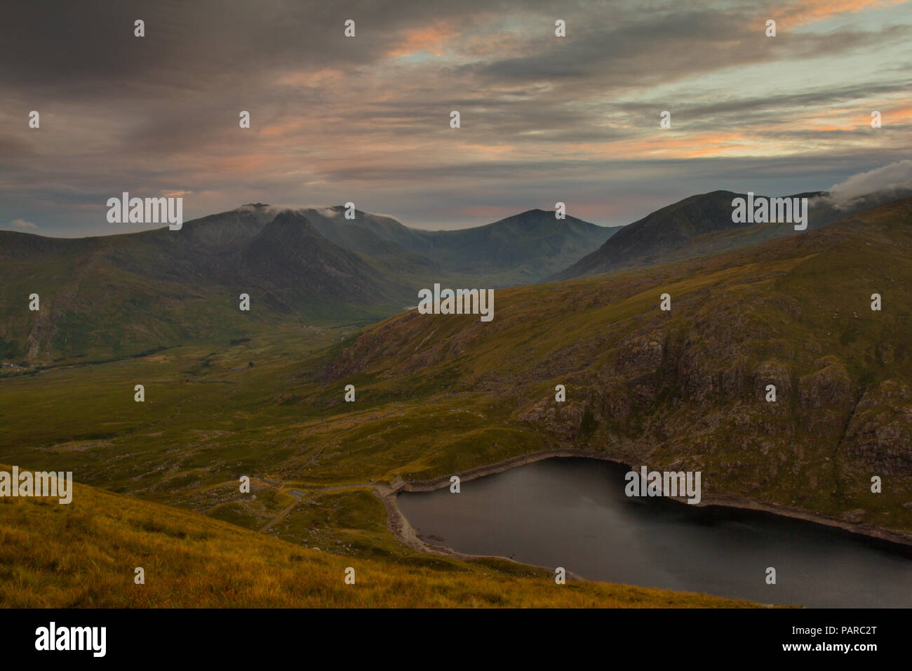 View over Fynnon Llugwy to Tryfan and Glyder Fach, Snowdonia National ...