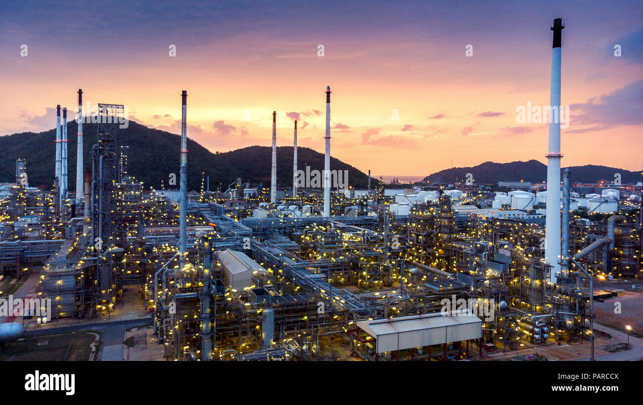 Aerial view of Oil refinery, Oil Industry at sunset Stock Photo - Alamy