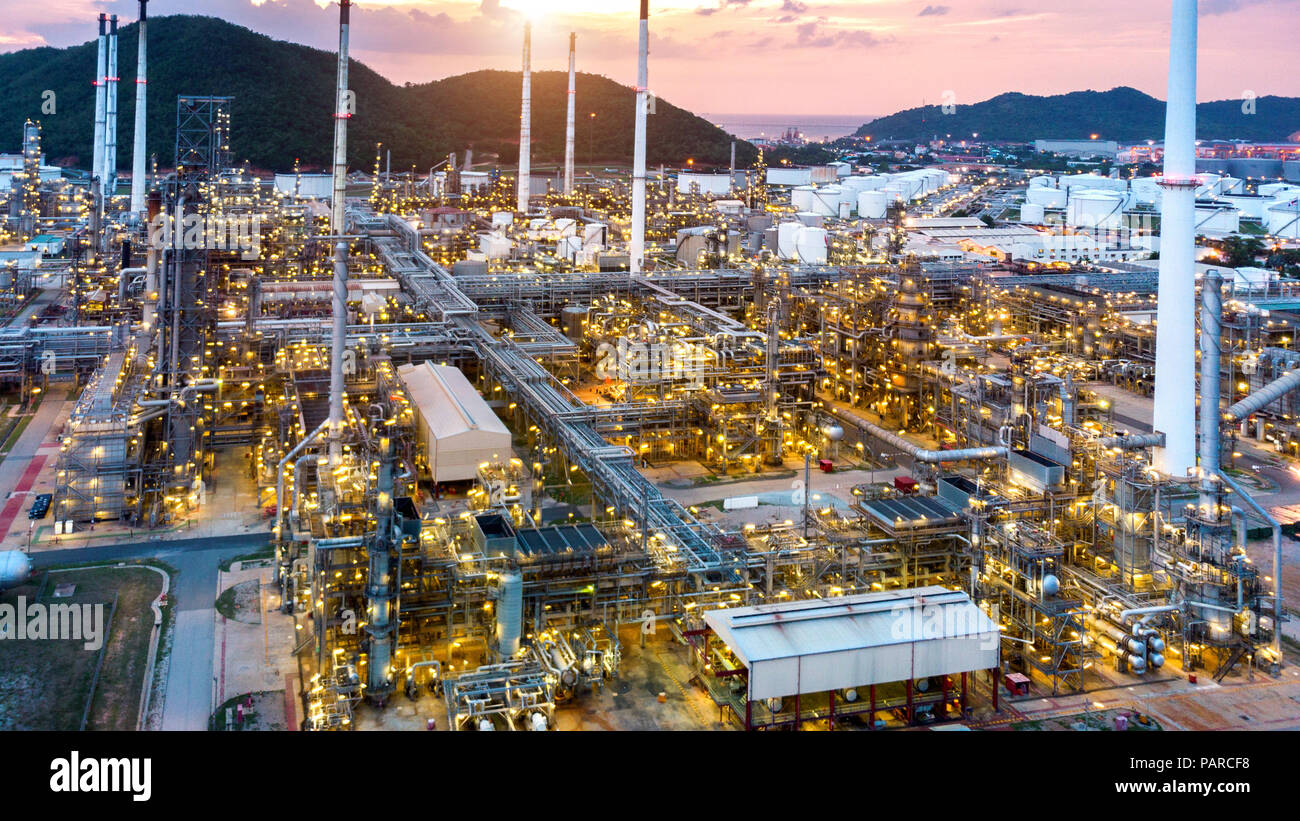 Aerial view of Oil refinery, Oil Industry at sunset Stock Photo - Alamy