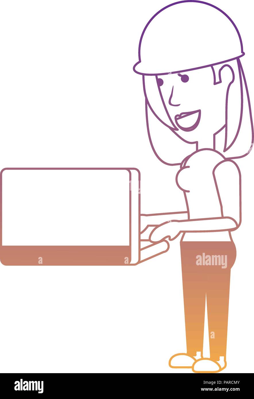cartoon woman with safety helmet and using a laptop computer icon over ...