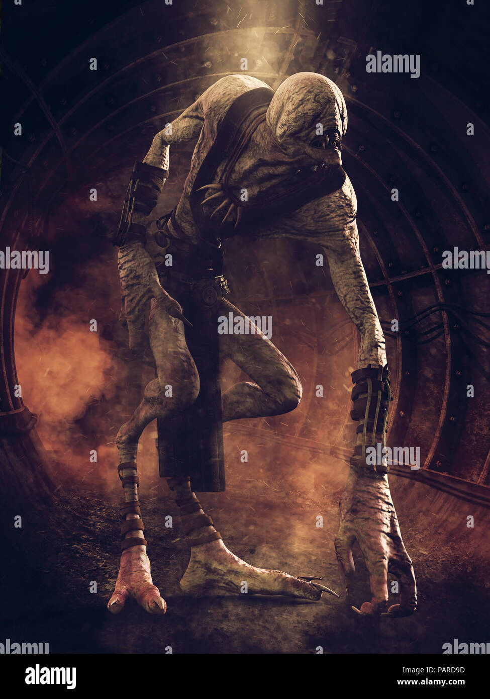 Spooky blind demon standing in a dark tunnel filled with smoke and fire ...