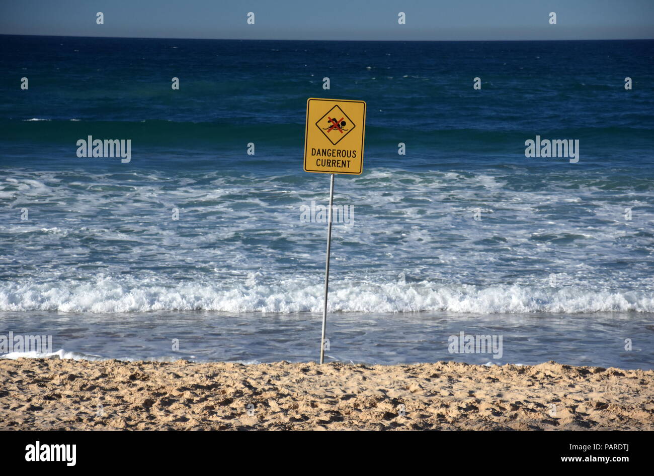 Sydney, Australia - Jul 5, 2018. A sign reads Dangerous current. No ...