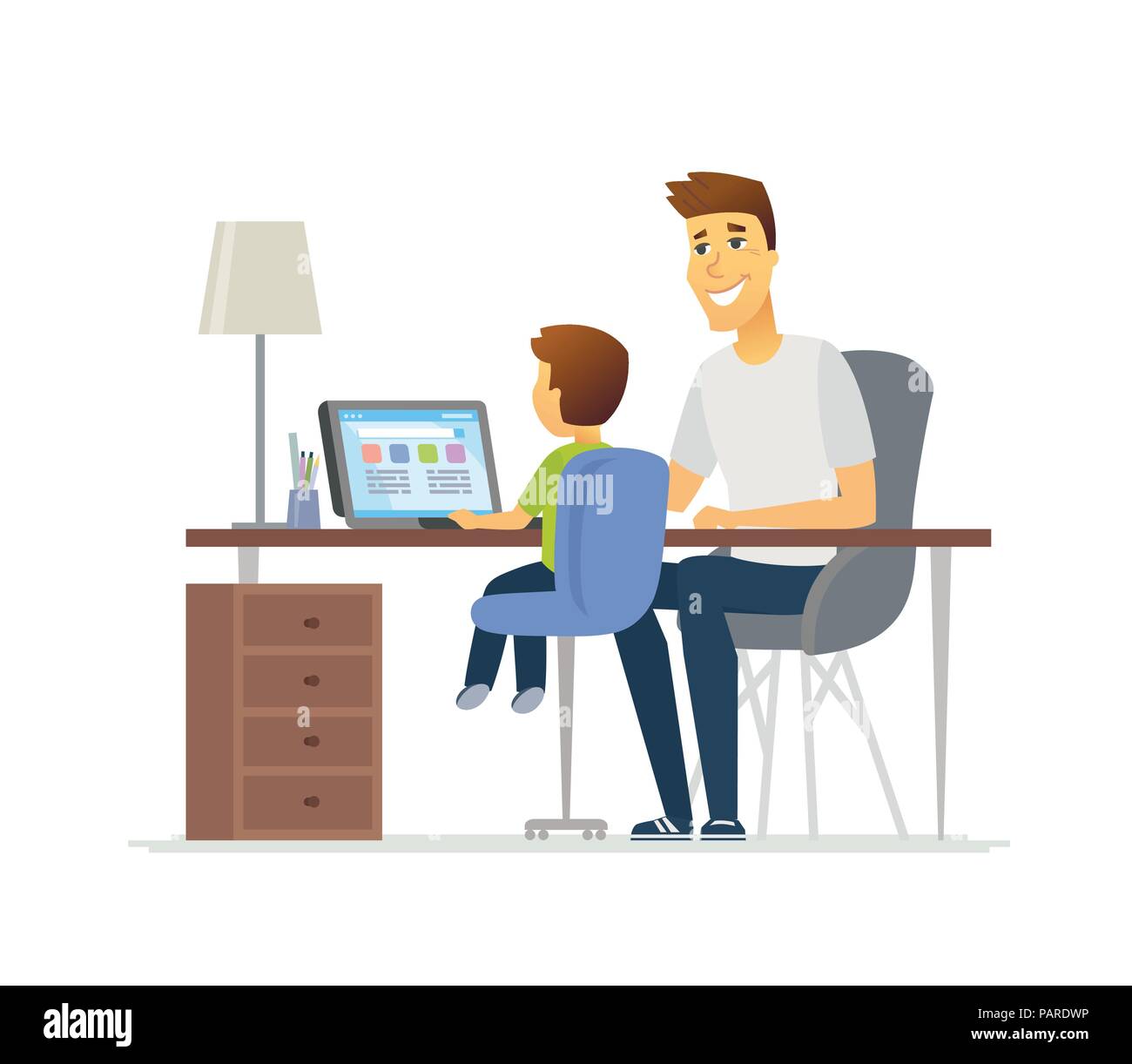 Father and son at the laptop - cartoon people characters illustration ...
