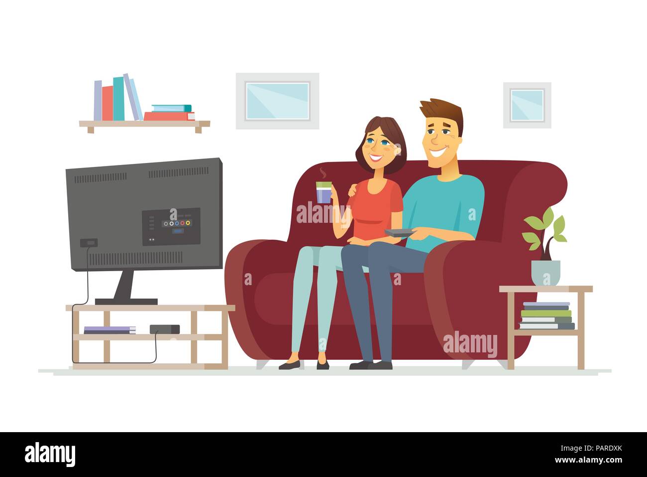 A couple resting in front of TV - cartoon people character isolated ...
