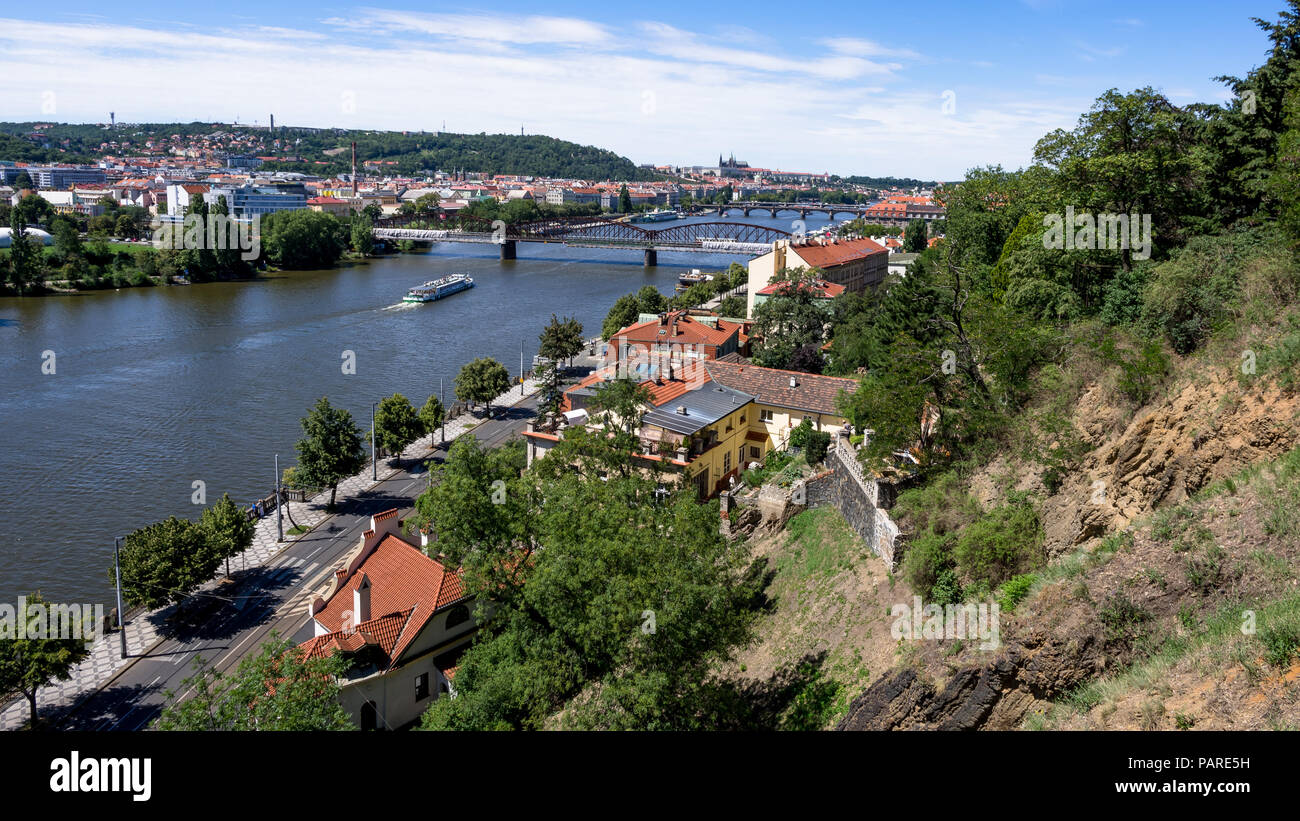 River Vltava, Prague Castle and Charles Bridge from Vysehrad Stock ...