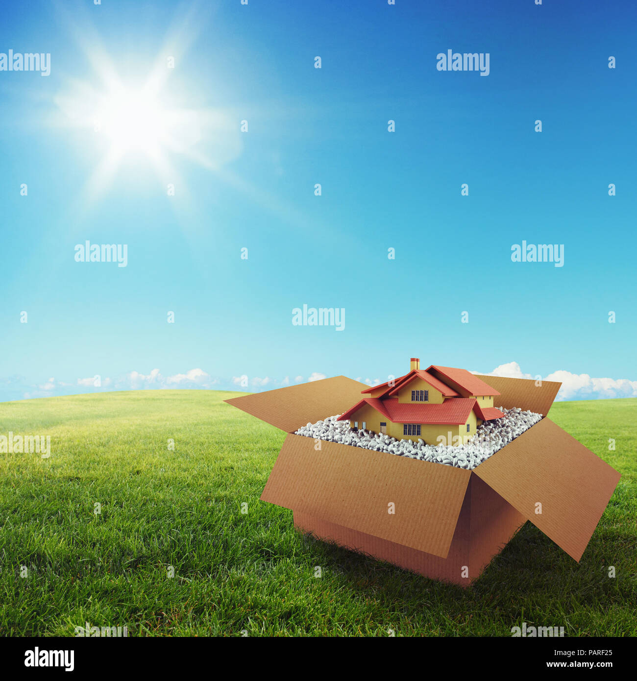 House in a cardboard box. Concept of buying a dwelling. 3D Rendering ...