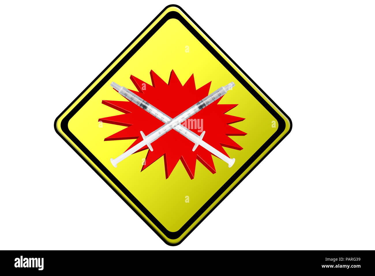 Two crossed syringes on a yellow warning sign with red symbol Stock ...