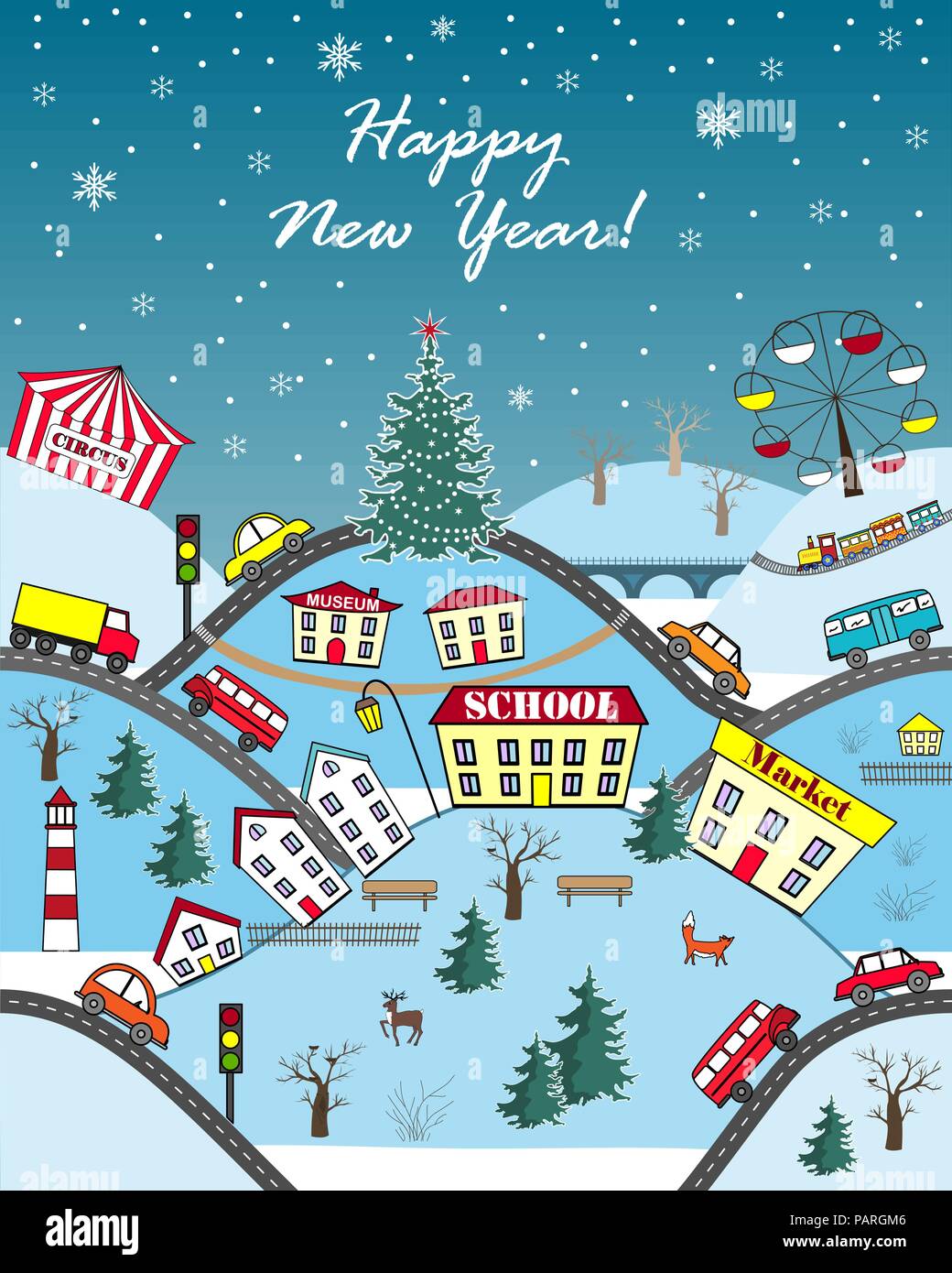 Happy Holidays Seasonal Greeting Card. Cute cartoon hills with city ...