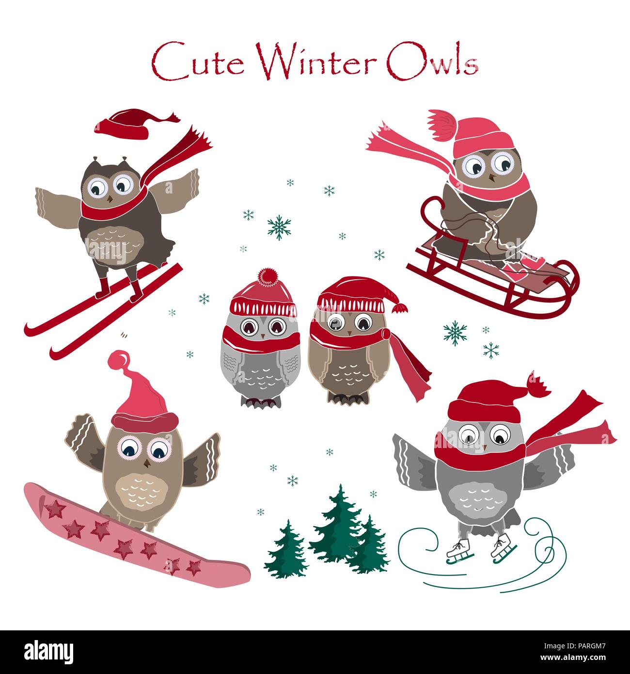 Cute winter owls collection. Winter sport and owls. Vector illustration ...