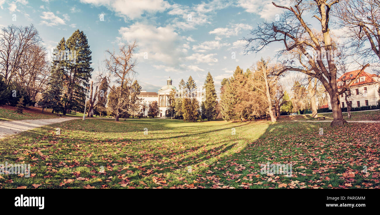 Topolcianky castle with park in autumn, Slovak republic. Panoramic ...