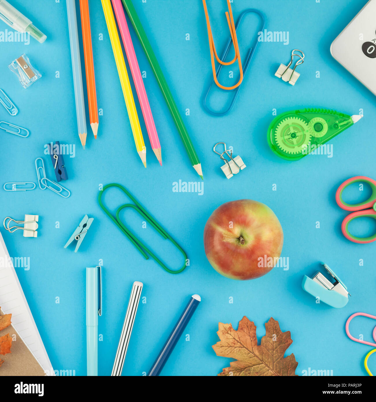 Square Creative flat lay top view back to school concept with color ...