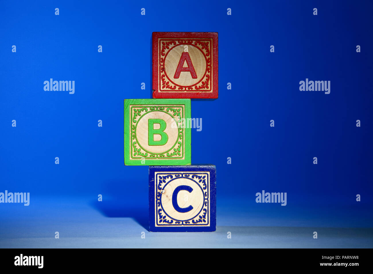 Wooden letter blocks on a blue background with the letters abc Stock ...