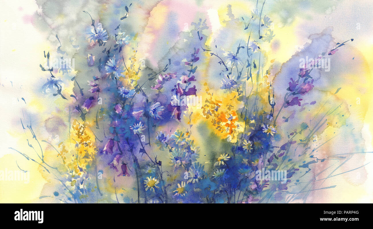 sunny meadow flowers watercolor background Stock Photo - Alamy