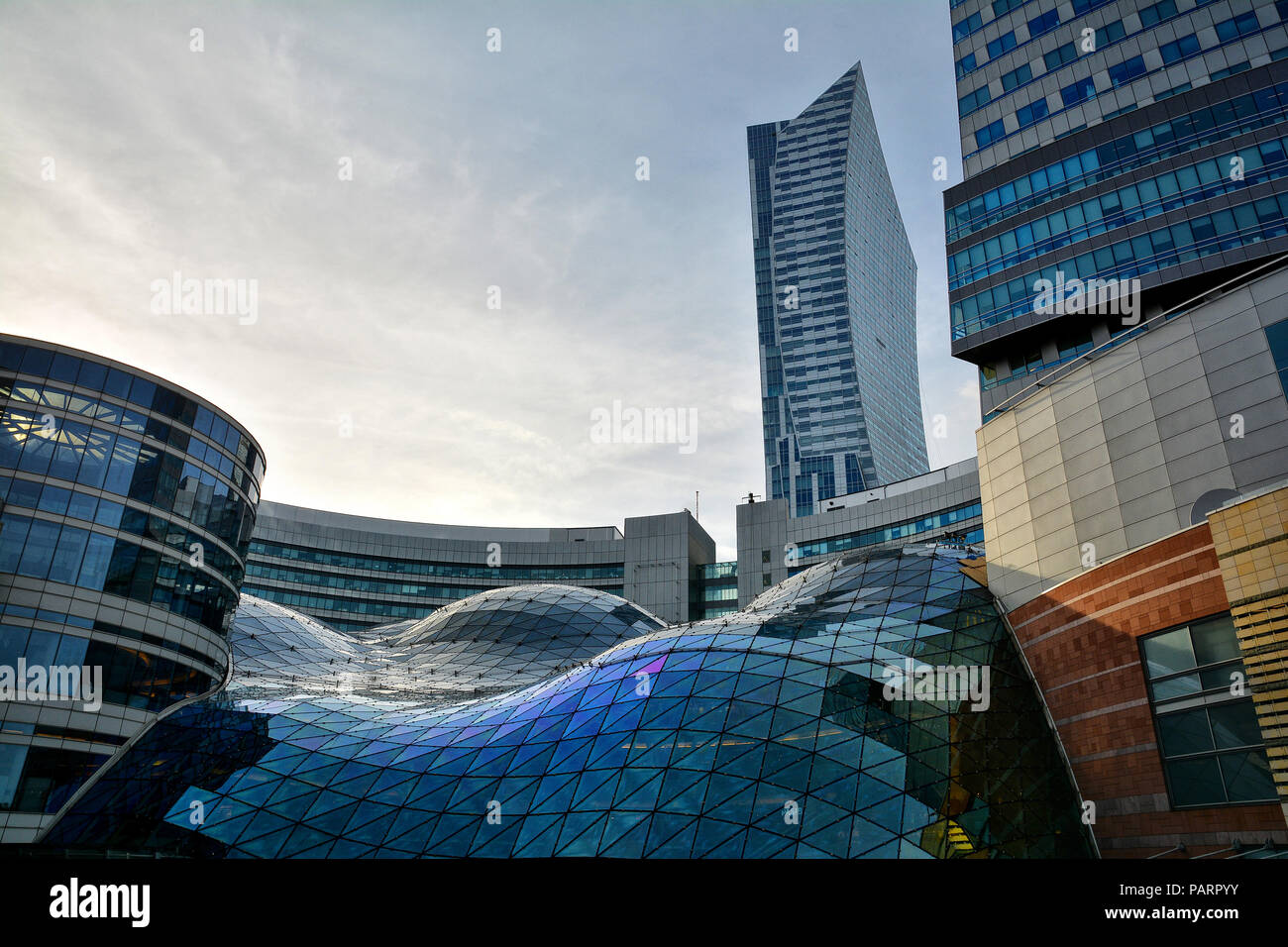 WARSAW, POLAND - JUNE 27, 2018. Building architecture close up ,top ...