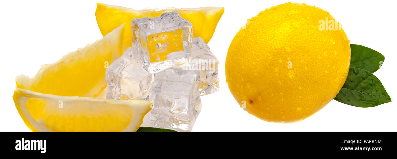 slices of lemon, green leaves, cubes of cold ice, and a whole fresh ...
