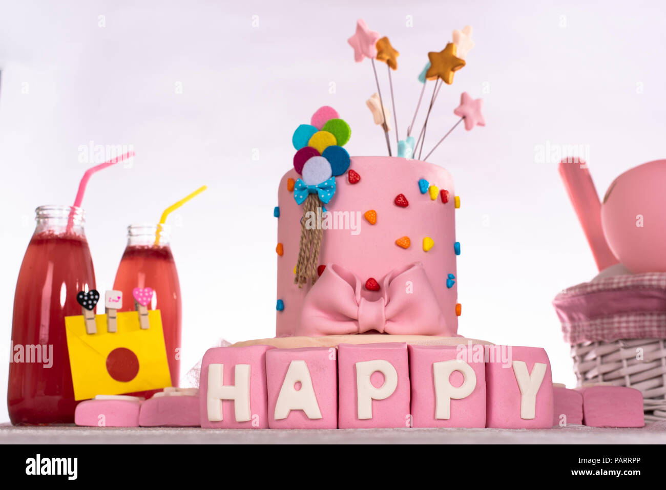 Birthday cake, birthday foods and table decorations Stock Photo - Alamy