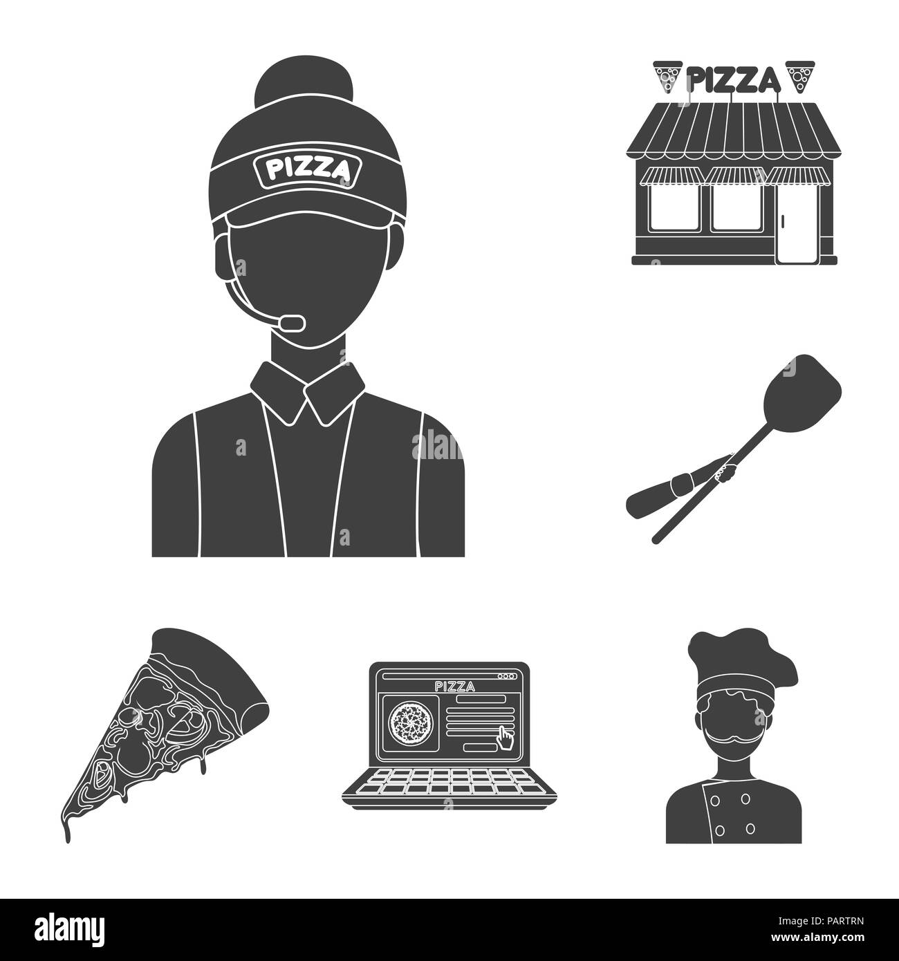 Pizza and pizzeria black icons in set collection for design. Staff and ...