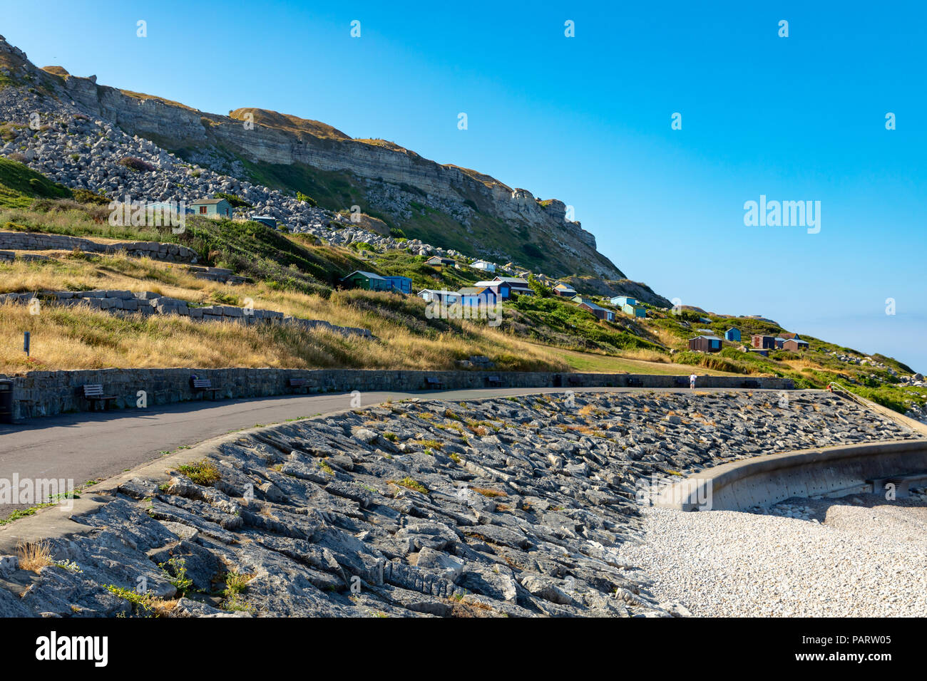 Portland Dorset England July 24, 2018 Beach huts on the West Meares ...