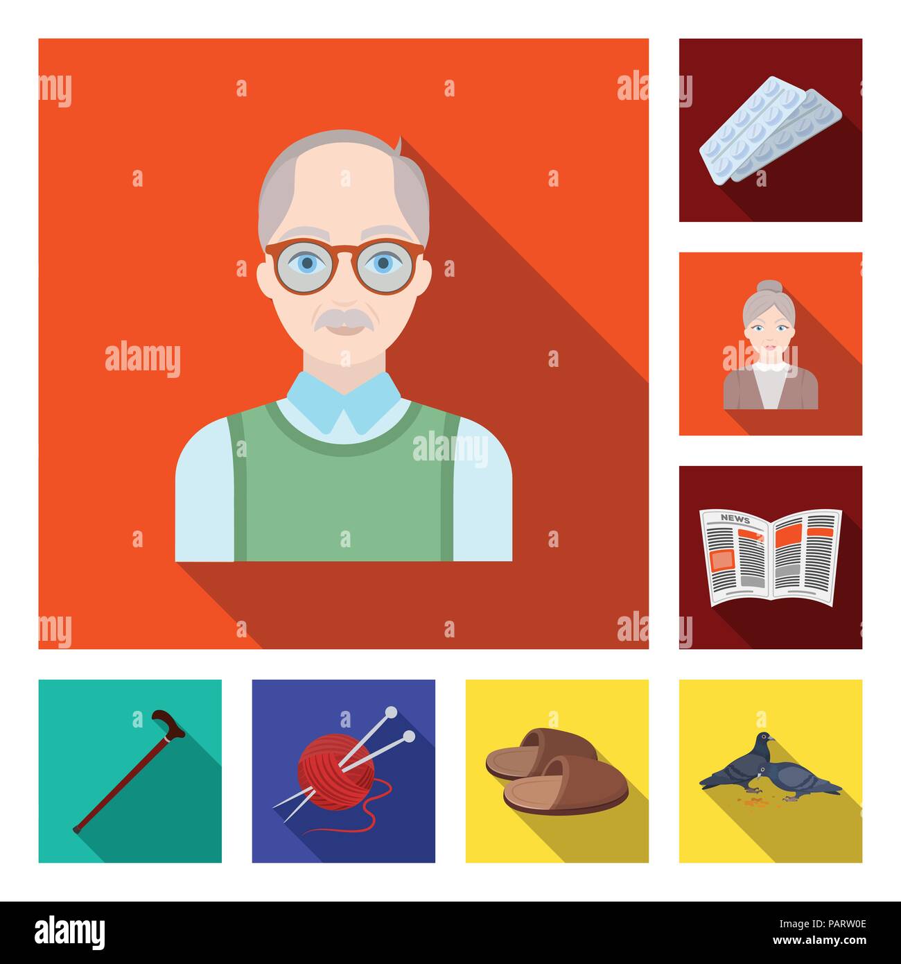 Human old age flat icons in set collection for design. Pensioner ...