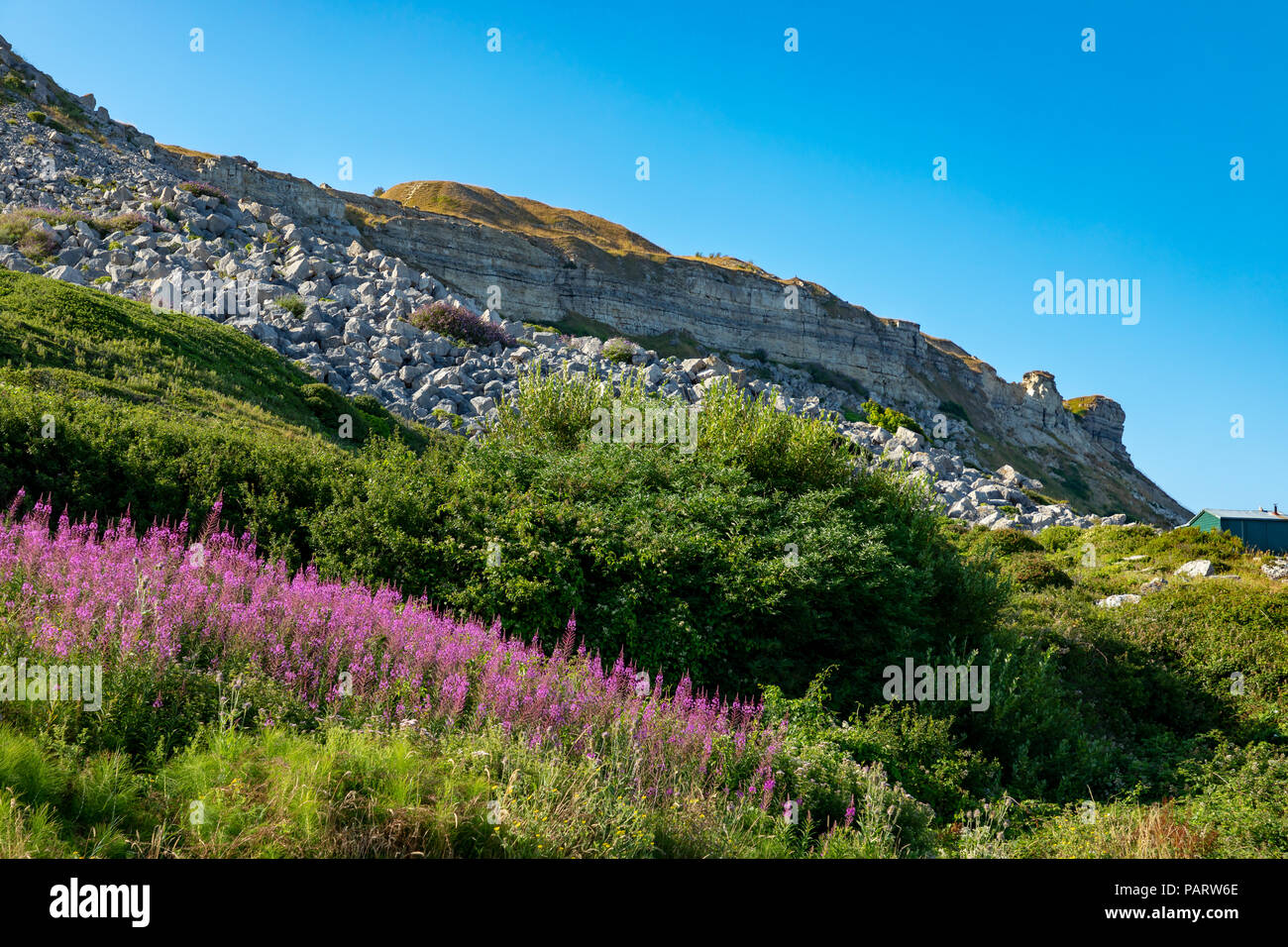 Portland Dorset England July 24, 2018 Beach huts on the West Meares ...