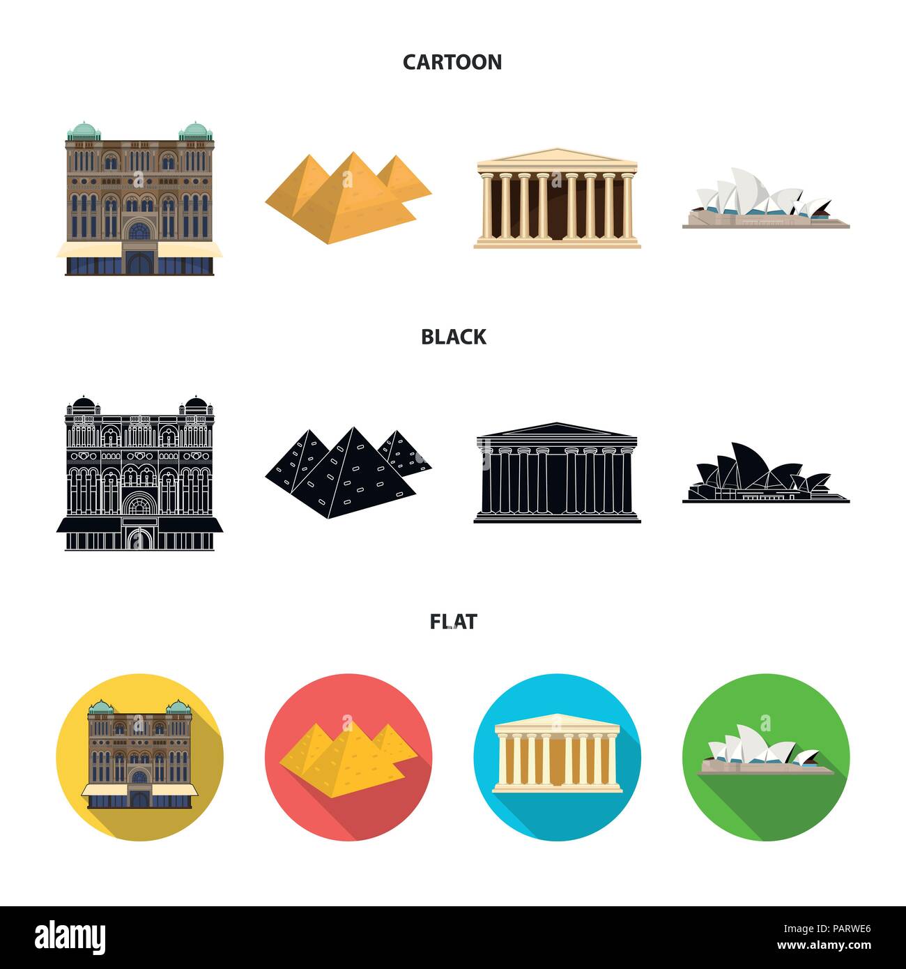 Sights of different countries cartoon,black,flat icons in set ...
