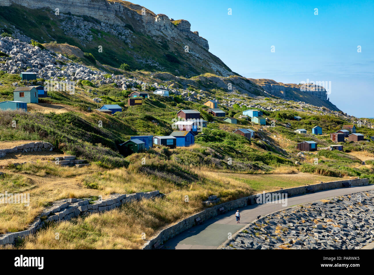 Portland Dorset England July 24, 2018 Beach huts on the West Meares ...