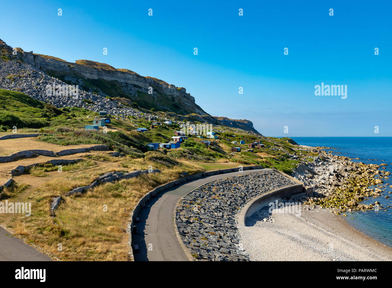 Portland Dorset England July 24, 2018 Beach huts on the West Meares ...