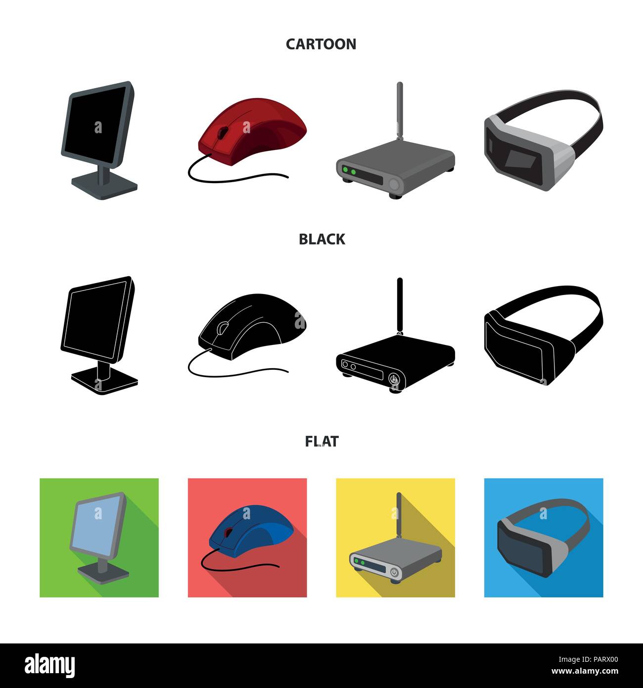 Monitor, mouse and other equipment. Personal computer set collection ...