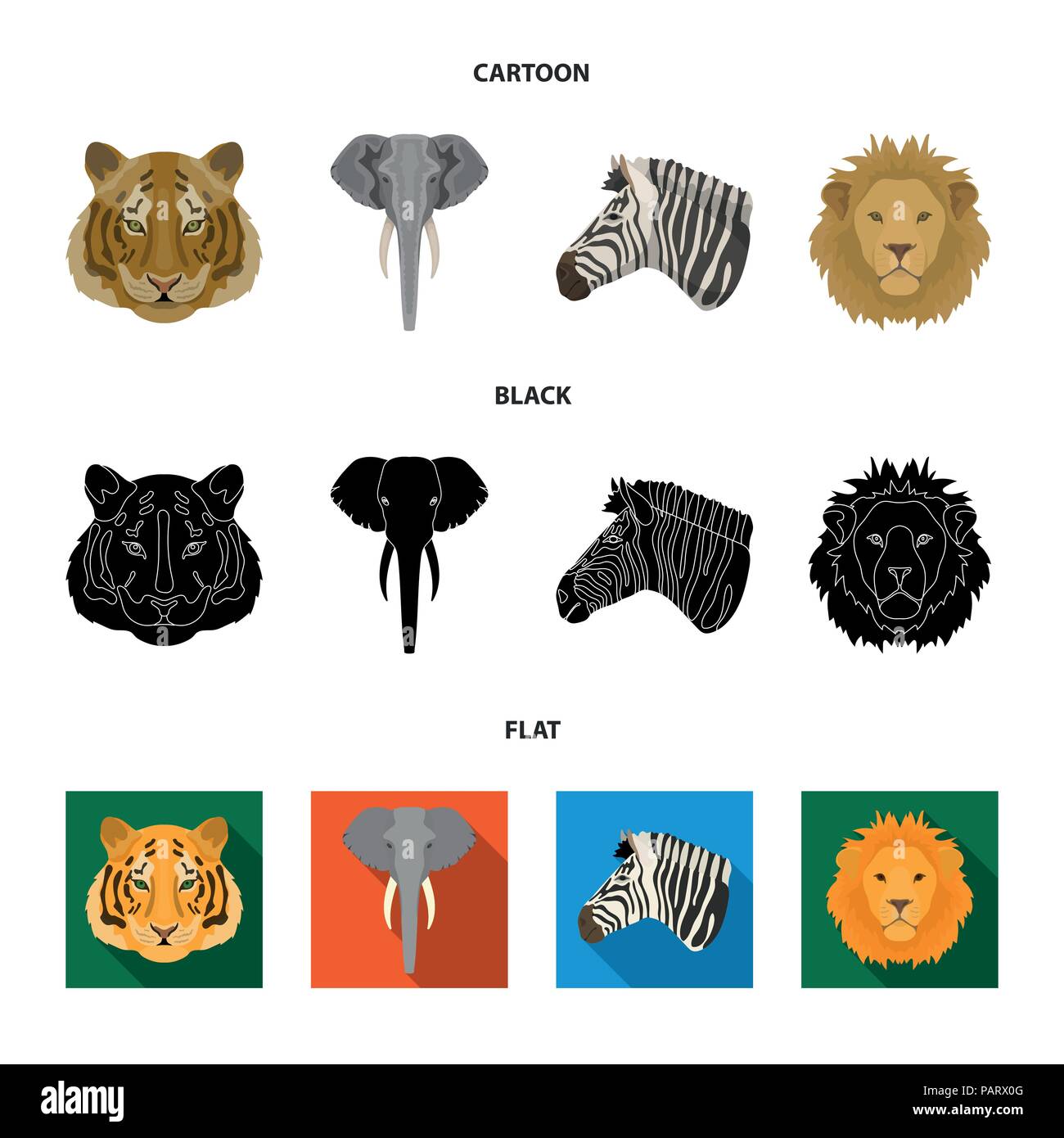 Tiger, lion, elephant, zebra, Realistic animals set collection icons in ...