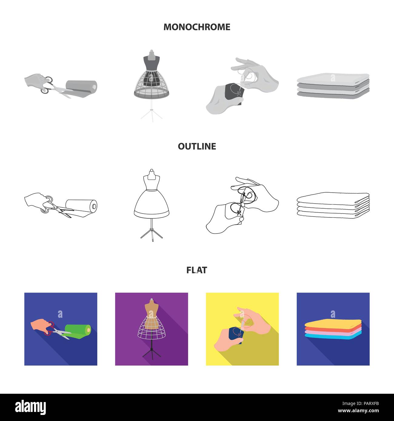 Fabric, scissors for cutting fabrics, hand sewing, dummy for clothes ...