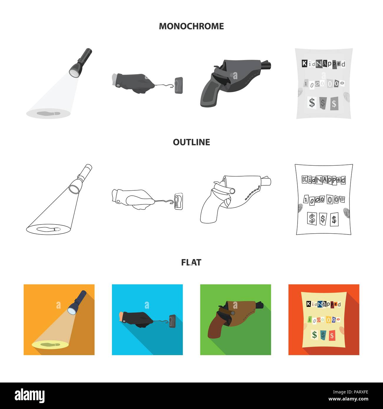 The detective flashlight illuminates the footprint, the criminal hand ...