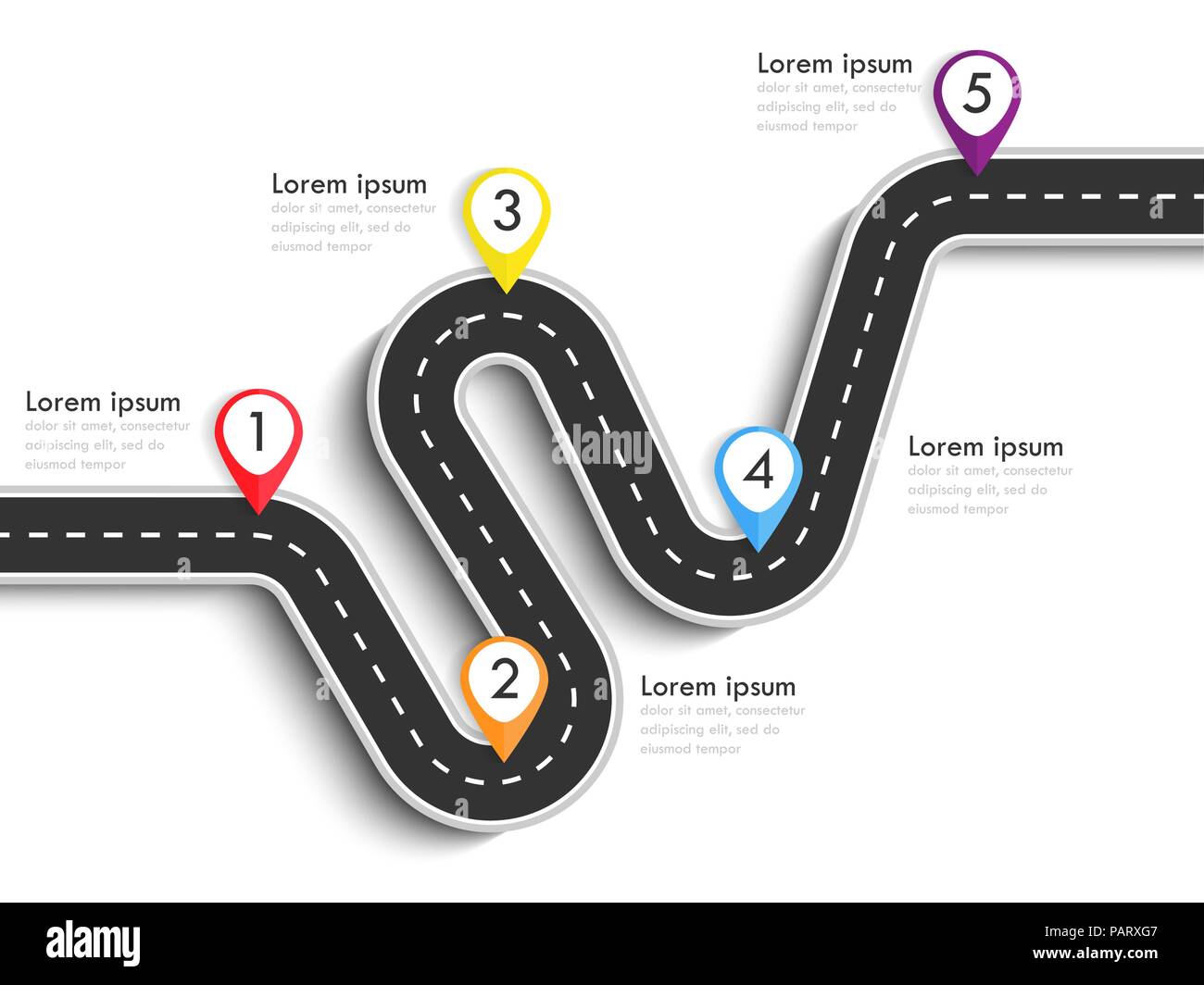 Road way location infographic template with pin pointer. Winding road ...