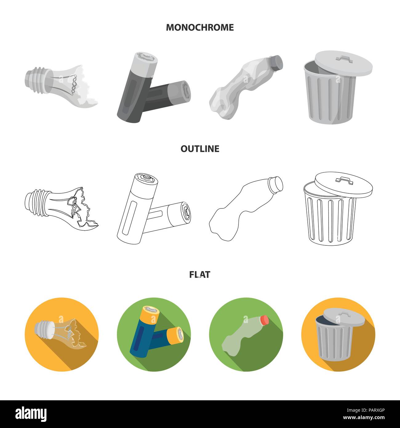 Broken light bulb, used batteries, breaking a plastic bottle, garbage ...