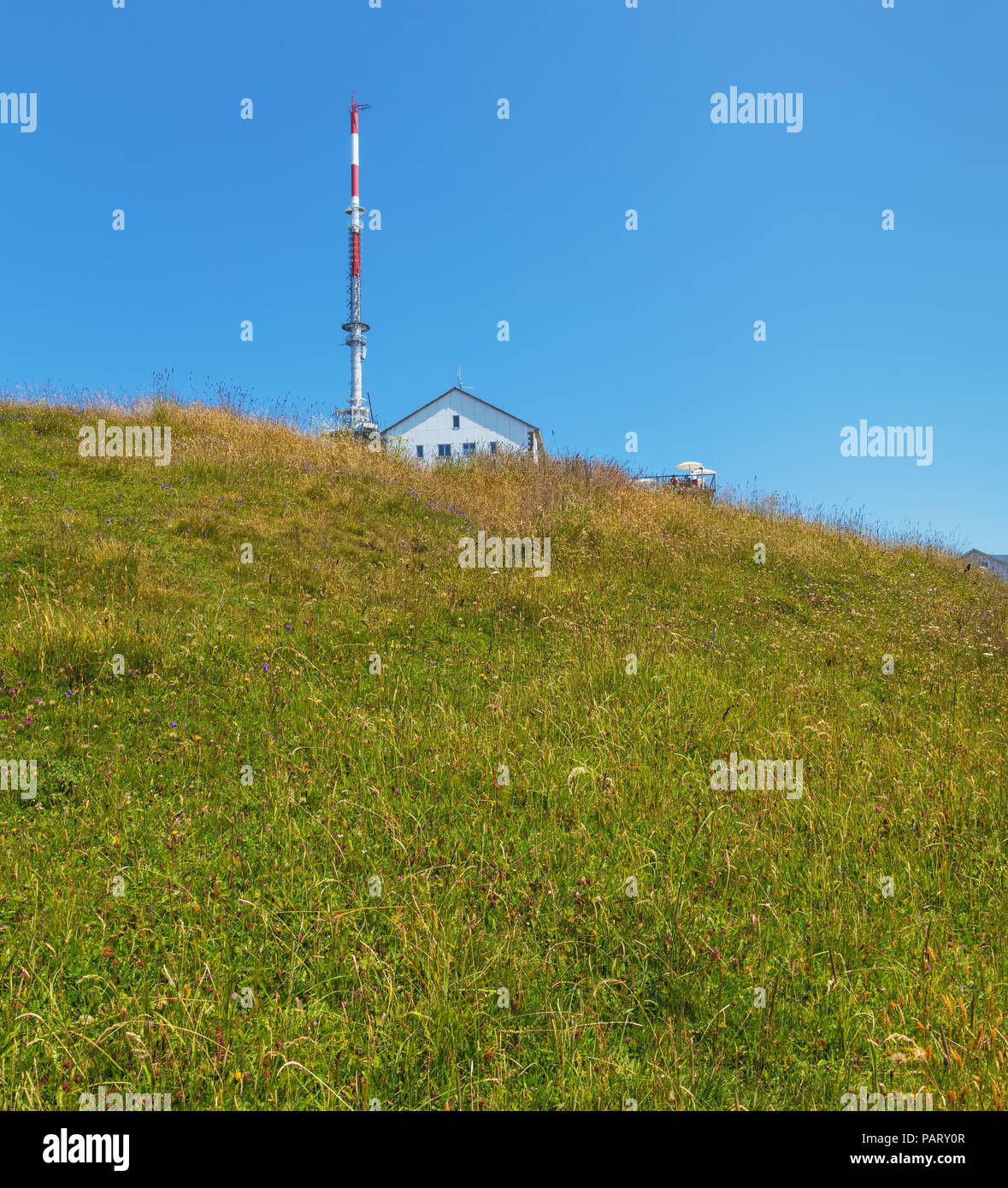 View on the top of Mt. Rigi in Switzerland in summer. Mt Rigi is a ...
