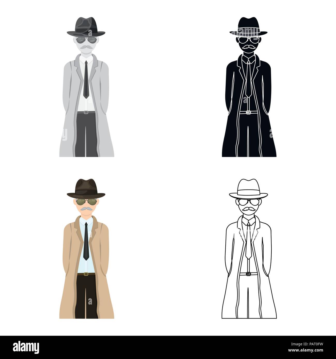 Appearance of the detective. Man detective in a hat and raincoat single ...