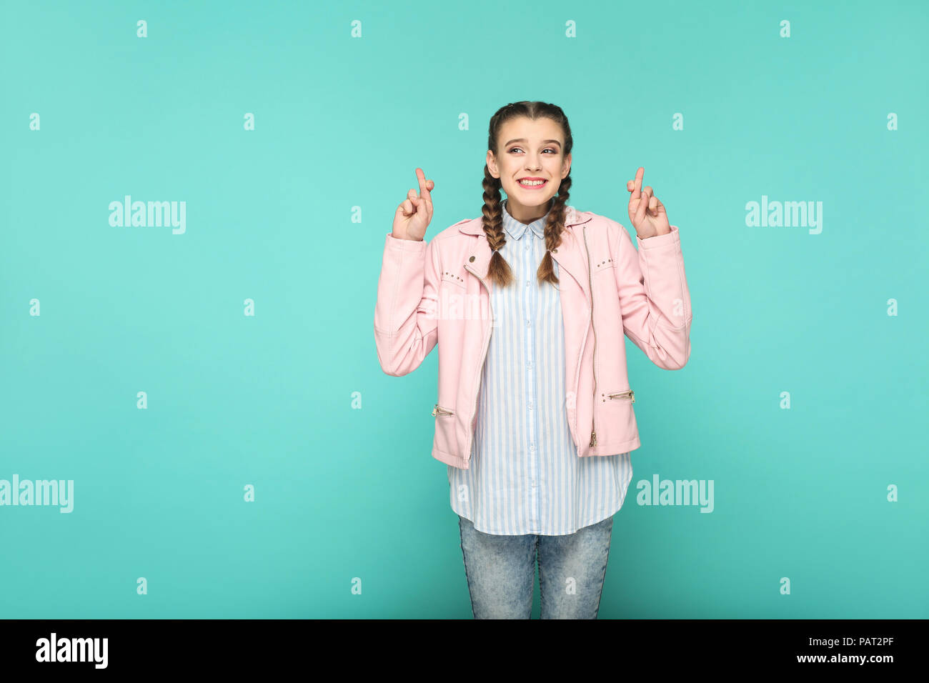 hopeful wish portrait of beautiful cute girl standing with makeup and ...