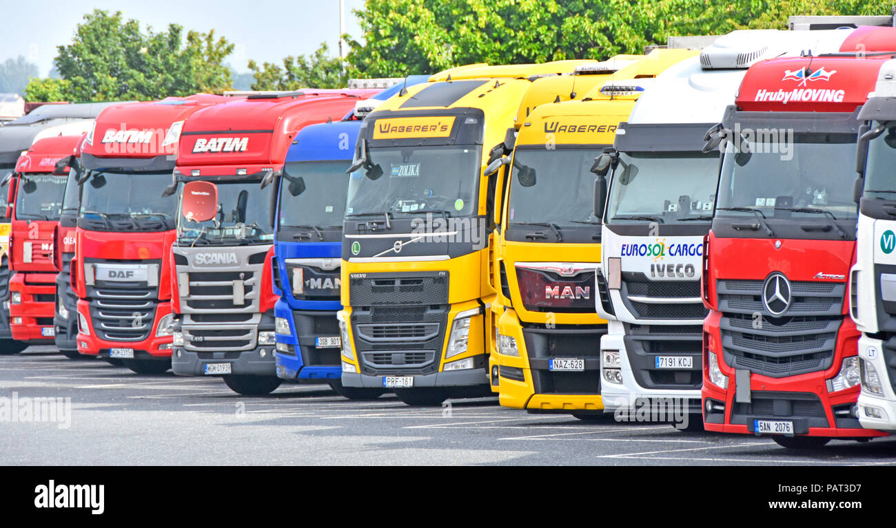 Foreign numberplate on hgv lorry truck & trailers at overnight parking ...