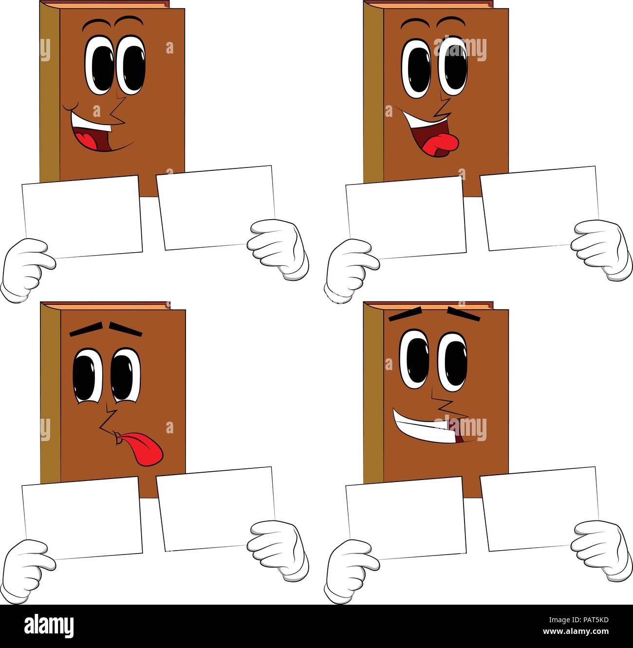 Books holding two white paper. Cartoon book collection with happy faces ...