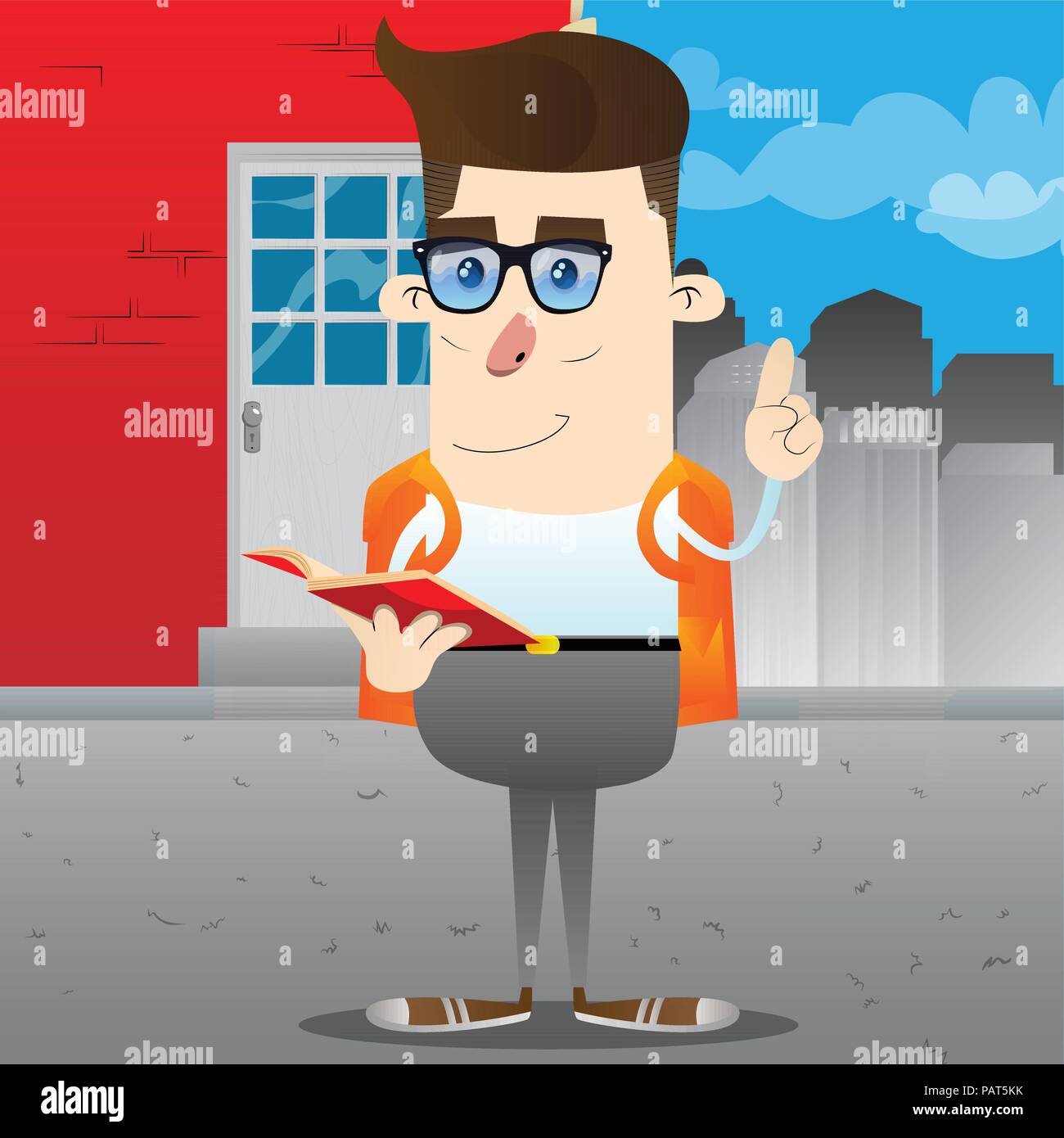 Schoolboy reading a red book and making a point. Vector cartoon ...