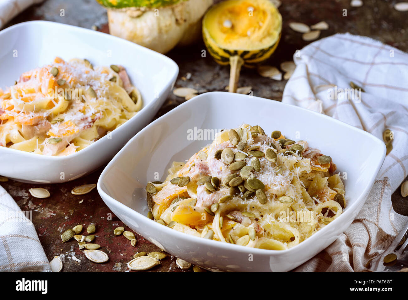 Pasta with carbonaria, spaghetti with hard parmesan and cheese-sauce ...