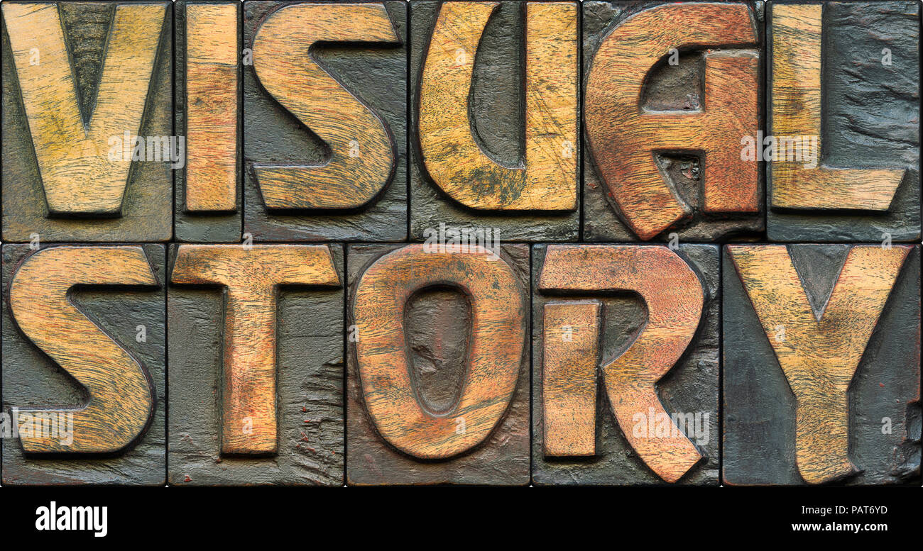 visual story label assembled from vintage wooden letterpress type Stock ...