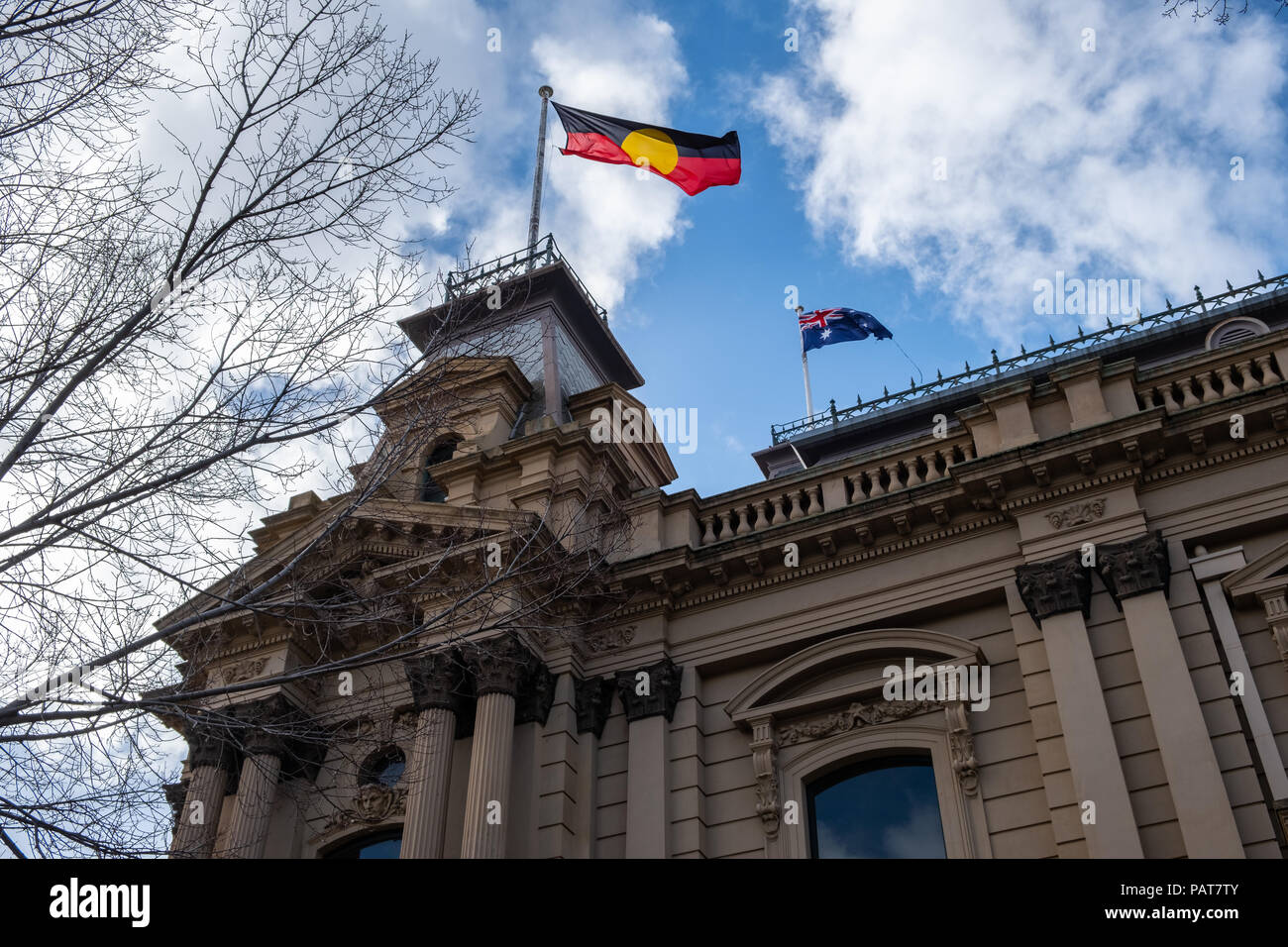 Bendigo town hall exterior with aboriginal flag hi-res stock ...
