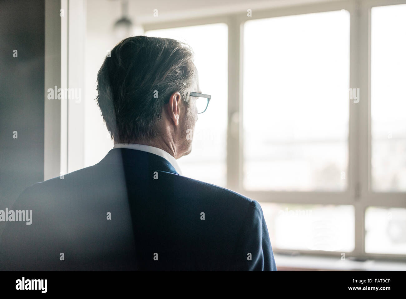 Rear view of mature businessman looking out of window Stock Photo - Alamy