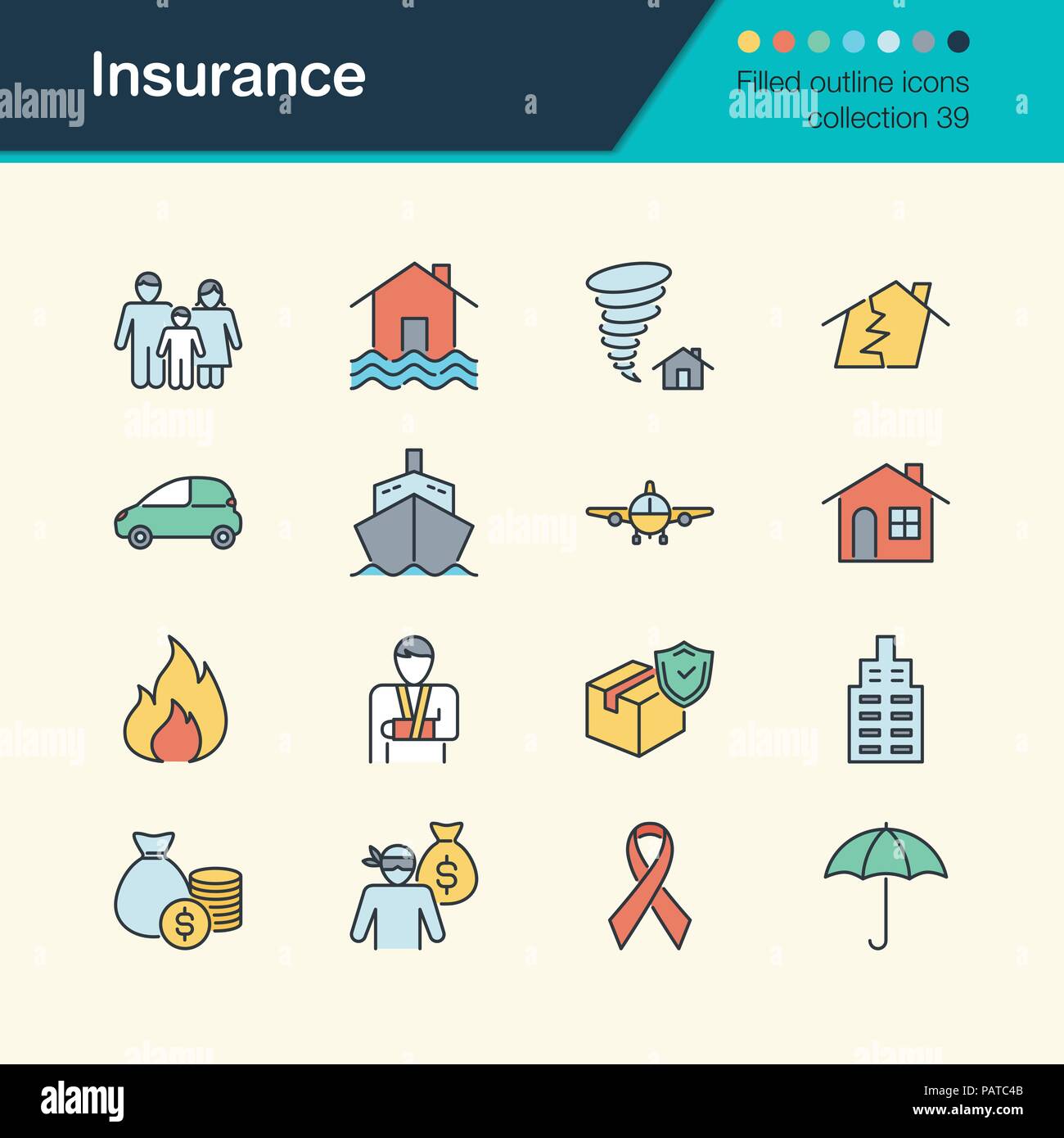 Insurance icons. Filled outline design collection 39. For presentation ...